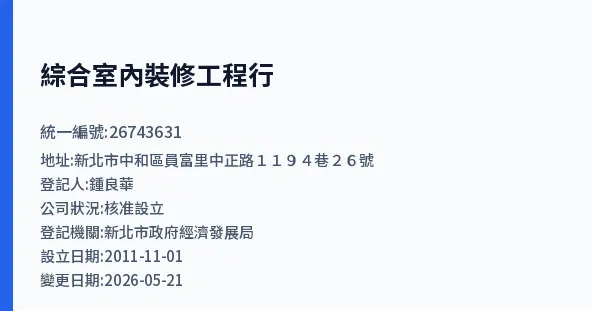 綜合室內裝修工程行的照片-統編 26743631(新北市) 公司登記資料與營業項目詳細圖表