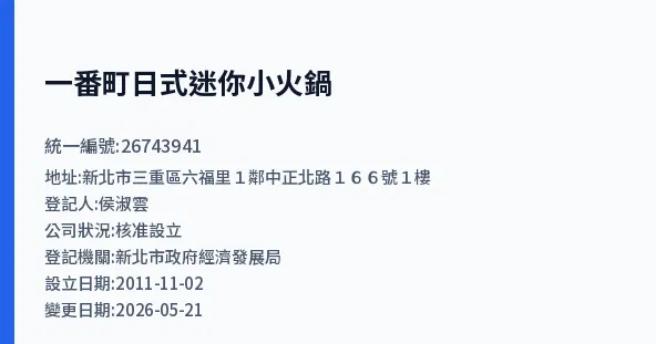 一番町日式迷你小火鍋的照片-統編 26743941(新北市) 公司登記資料與營業項目詳細圖表