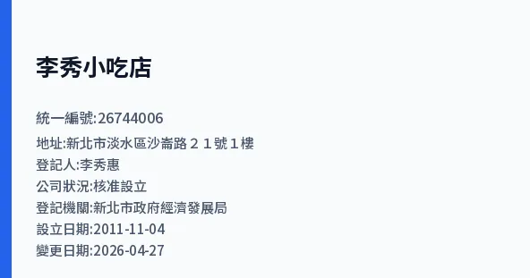 李秀小吃店的照片-統編 26744006(新北市) 公司登記資料與營業項目詳細圖表