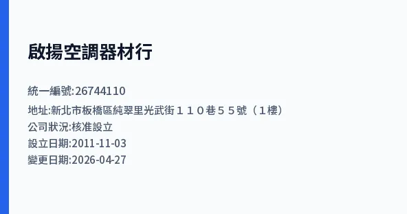 啟揚空調器材行的照片-統編 26744110(新北市) 公司登記資料與營業項目詳細圖表