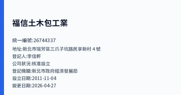 福信土木包工業的照片-統編 26744337(新北市) 公司登記資料與營業項目詳細圖表