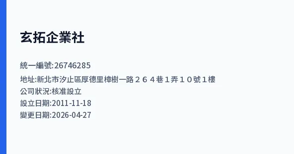 玄拓企業社的照片-統編 26746285(新北市) 公司登記資料與營業項目詳細圖表