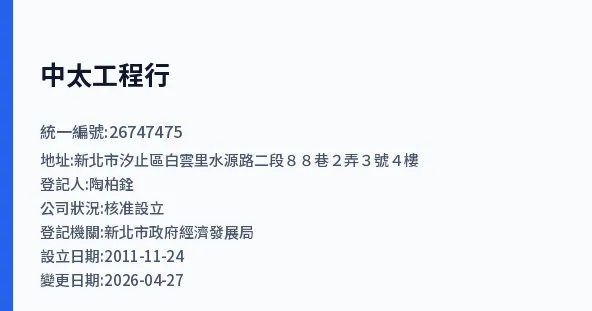 中太工程行的照片-統編 26747475(新北市) 公司登記資料與營業項目詳細圖表
