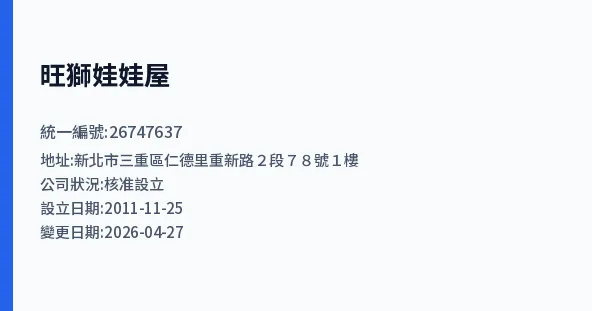 旺獅娃娃屋的照片-統編 26747637(新北市) 公司登記資料與營業項目詳細圖表