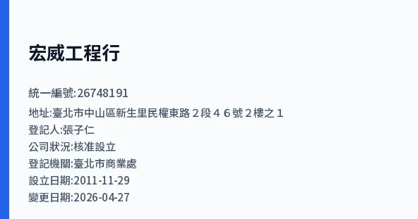 宏威工程行的照片-統編 26748191(臺北市) 公司登記資料與營業項目詳細圖表