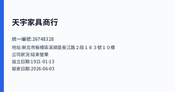 天宇家具商行的照片-統編 26748328(新北市) 公司登記資料與營業項目詳細圖表