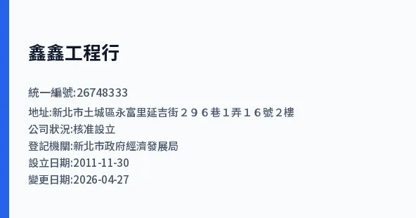 鑫鑫工程行的照片-統編 26748333(新北市) 公司登記資料與營業項目詳細圖表