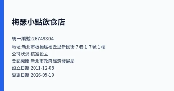 梅瑟小點飲食店的照片-統編 26749804(新北市) 公司登記資料與營業項目詳細圖表