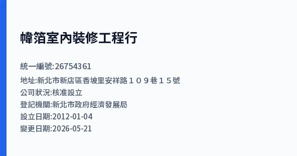 幃箔室內裝修工程行的照片-統編 26754361(新北市) 公司登記資料與營業項目詳細圖表