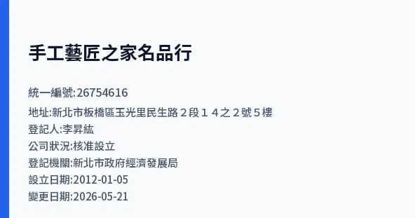 手工藝匠之家名品行的照片-統編 26754616(新北市) 公司登記資料與營業項目詳細圖表