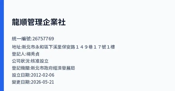 龍順管理企業社的照片-統編 26757769(新北市) 公司登記資料與營業項目詳細圖表