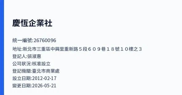 慶恆企業社的照片-統編 26760096(臺北市) 公司登記資料與營業項目詳細圖表