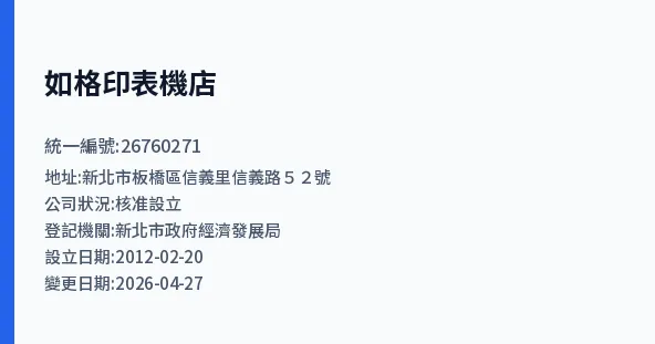 如格印表機店的照片-統編 26760271(新北市) 公司登記資料與營業項目詳細圖表