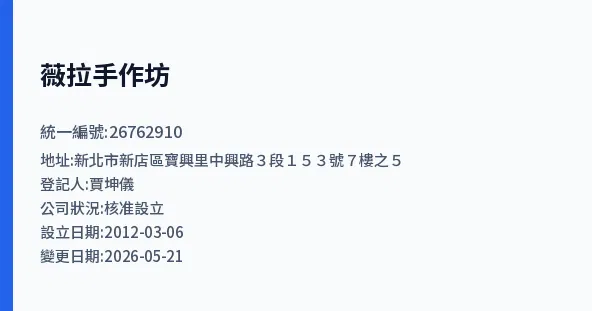 薇拉手作坊的照片-統編 26762910(新北市) 公司登記資料與營業項目詳細圖表