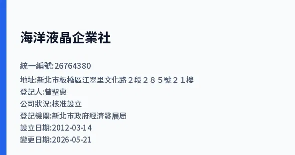 海洋液晶企業社的照片-統編 26764380(新北市) 公司登記資料與營業項目詳細圖表
