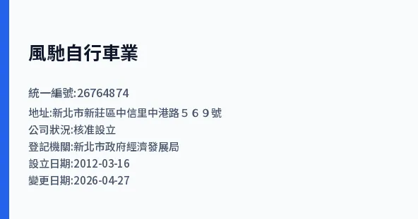 風馳自行車業的照片-統編 26764874(新北市) 公司登記資料與營業項目詳細圖表