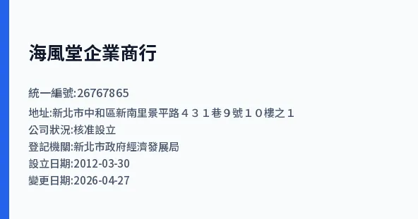 海風堂企業商行的照片-統編 26767865(新北市) 公司登記資料與營業項目詳細圖表