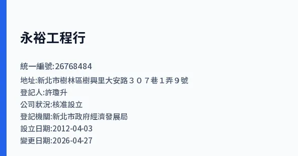 永裕工程行的照片-統編 26768484(新北市) 公司登記資料與營業項目詳細圖表