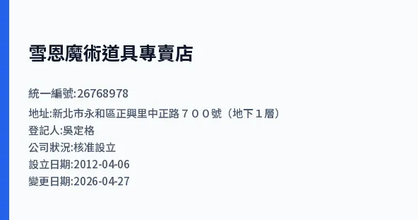 雪恩魔術道具專賣店的照片-統編 26768978(新北市) 公司登記資料與營業項目詳細圖表