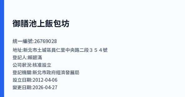 御膳池上飯包坊的照片-統編 26769028(新北市) 公司登記資料與營業項目詳細圖表