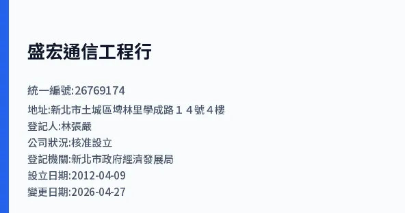 盛宏通信工程行的照片-統編 26769174(新北市) 公司登記資料與營業項目詳細圖表