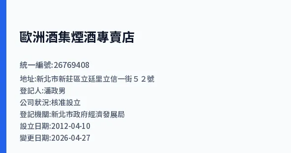 歐洲酒集煙酒專賣店的照片-統編 26769408(新北市) 公司登記資料與營業項目詳細圖表