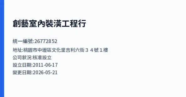 創藝室內裝潢工程行的照片-統編 26772852(桃園市) 公司登記資料與營業項目詳細圖表