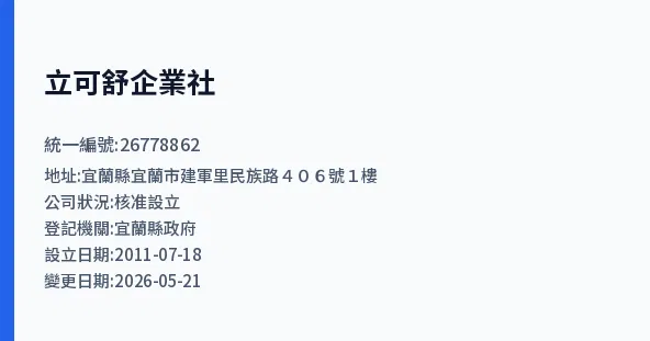 立可舒企業社的照片-統編 26778862(宜蘭縣) 公司登記資料與營業項目詳細圖表
