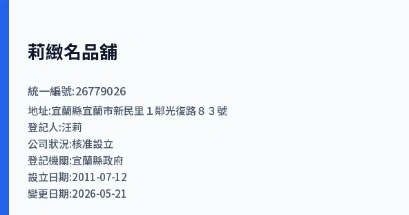 莉緻名品舖的照片-統編 26779026(宜蘭縣) 公司登記資料與營業項目詳細圖表