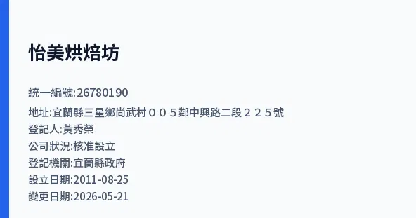 怡美烘焙坊的照片-統編 26780190(宜蘭縣) 公司登記資料與營業項目詳細圖表
