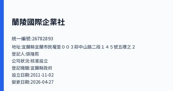 蘭陵國際企業社的照片-統編 26782893(宜蘭縣) 公司登記資料與營業項目詳細圖表