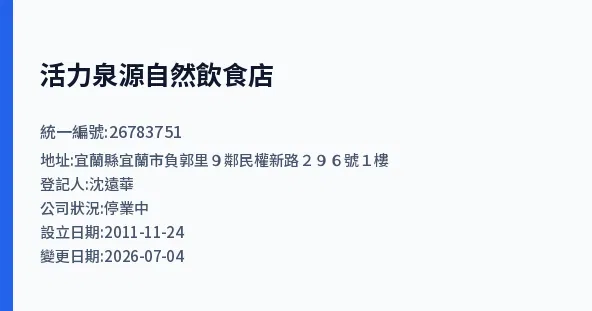 活力泉源自然飲食店的照片-統編 26783751(宜蘭縣) 公司登記資料與營業項目詳細圖表