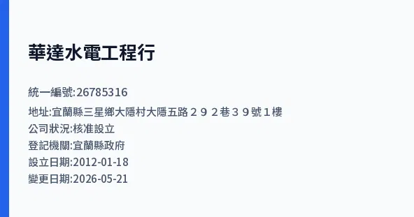 華達水電工程行的照片-統編 26785316(宜蘭縣) 公司登記資料與營業項目詳細圖表