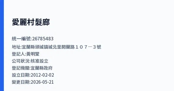愛麗村髮廊的照片-統編 26785483(宜蘭縣) 公司登記資料與營業項目詳細圖表
