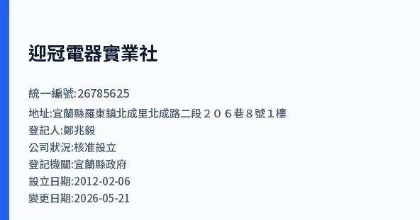 迎冠電器實業社的照片-統編 26785625(宜蘭縣) 公司登記資料與營業項目詳細圖表