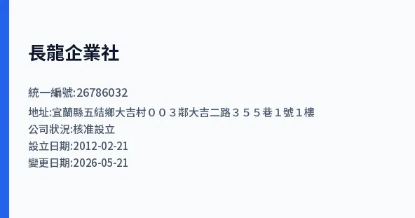 長龍企業社的照片-統編 26786032(宜蘭縣) 公司登記資料與營業項目詳細圖表
