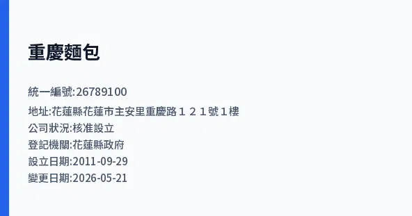 重慶麵包的照片-統編 26789100(花蓮縣) 公司登記資料與營業項目詳細圖表