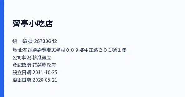 齊亭小吃店的照片-統編 26789642(花蓮縣) 公司登記資料與營業項目詳細圖表