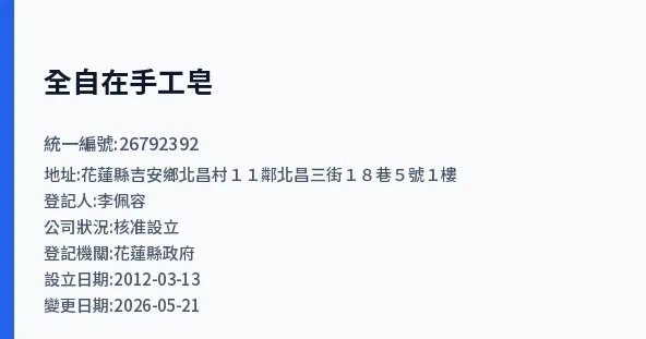 全自在手工皂的照片-統編 26792392(花蓮縣) 公司登記資料與營業項目詳細圖表