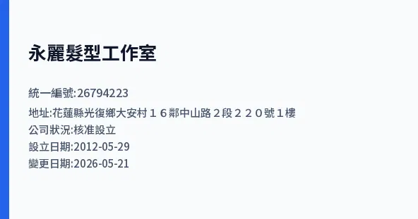 永麗髮型工作室的照片-統編 26794223(花蓮縣) 公司登記資料與營業項目詳細圖表