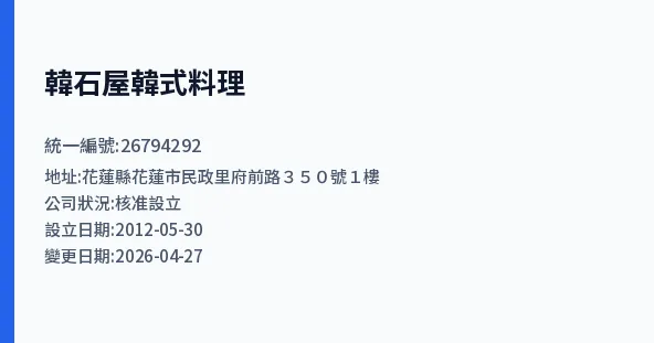 韓石屋韓式料理的照片-統編 26794292(花蓮縣) 公司登記資料與營業項目詳細圖表