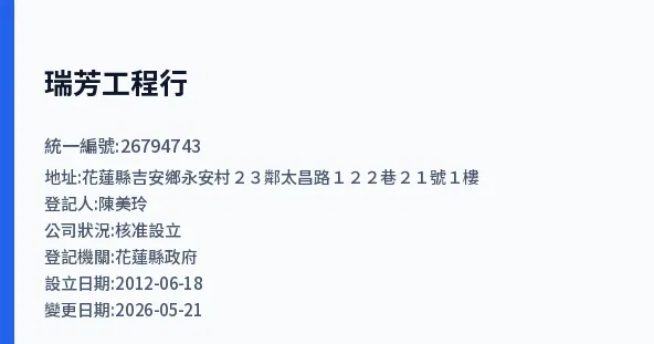 瑞芳工程行的照片-統編 26794743(花蓮縣) 公司登記資料與營業項目詳細圖表