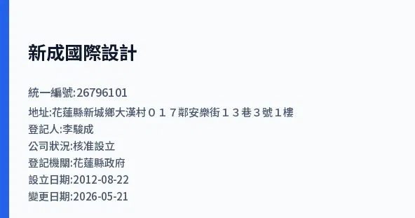 新成國際設計的照片-統編 26796101(花蓮縣) 公司登記資料與營業項目詳細圖表