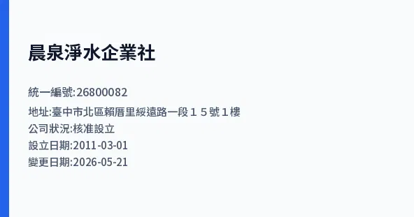 晨泉淨水企業社的照片-統編 26800082(臺中市) 公司登記資料與營業項目詳細圖表