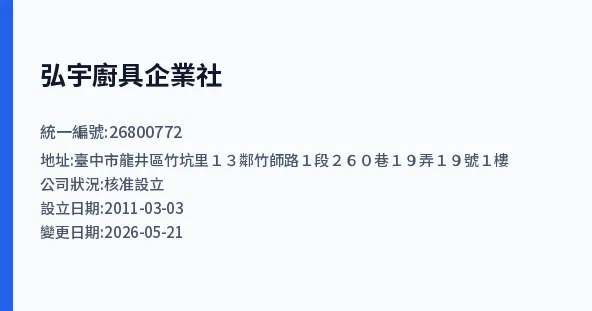 弘宇廚具企業社的照片-統編 26800772(臺中市) 公司登記資料與營業項目詳細圖表