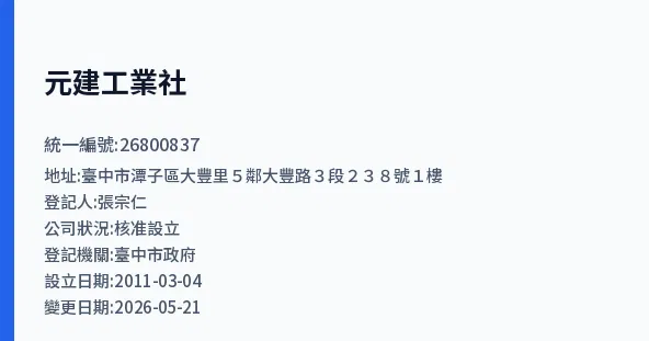 元建工業社的照片-統編 26800837(臺中市) 公司登記資料與營業項目詳細圖表