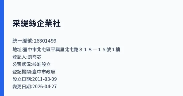 采緹絲企業社的照片-統編 26801499(臺中市) 公司登記資料與營業項目詳細圖表