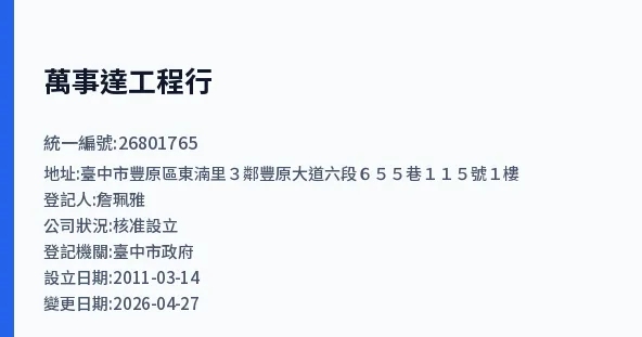 萬事達工程行的照片-統編 26801765(臺中市) 公司登記資料與營業項目詳細圖表