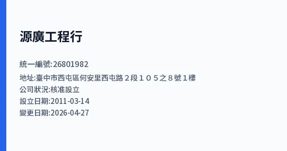 源廣工程行的照片-統編 26801982(臺中市) 公司登記資料與營業項目詳細圖表