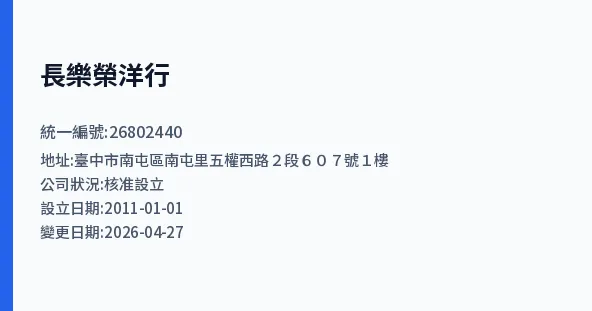 長樂榮洋行的照片-統編 26802440(臺中市) 公司登記資料與營業項目詳細圖表